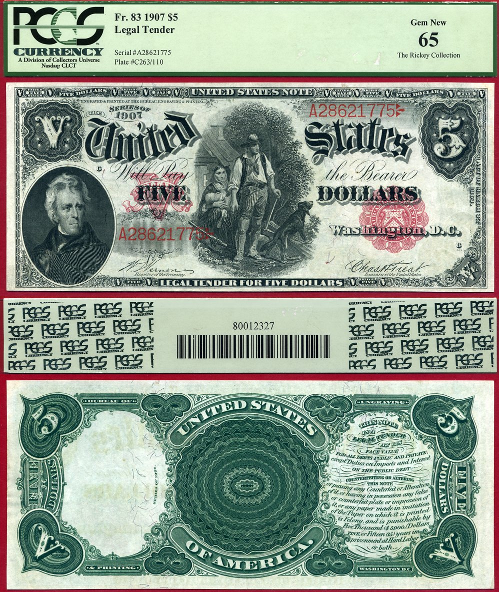 1907 5 Legal Tender Note FR 83 PCGS Graded GEM New 65 CAA 10 07 2022 1907-5-legal-tender-note-fr-83-pcgs-graded-gem-new-65-caa-10-07-2022